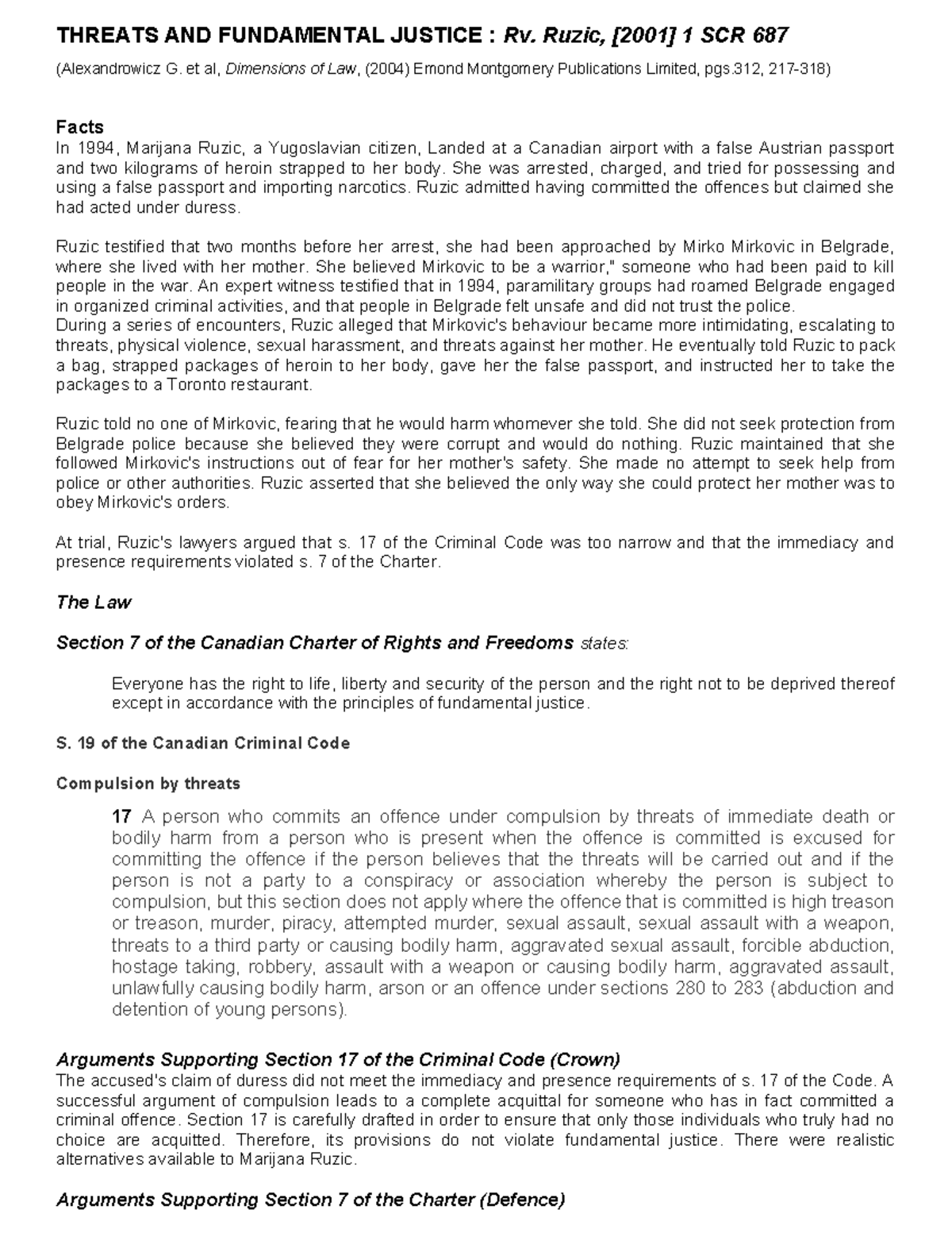 SC R. v. Ruzic - worksheet - THREATS AND FUNDAMENTAL JUSTICE : Rv ...