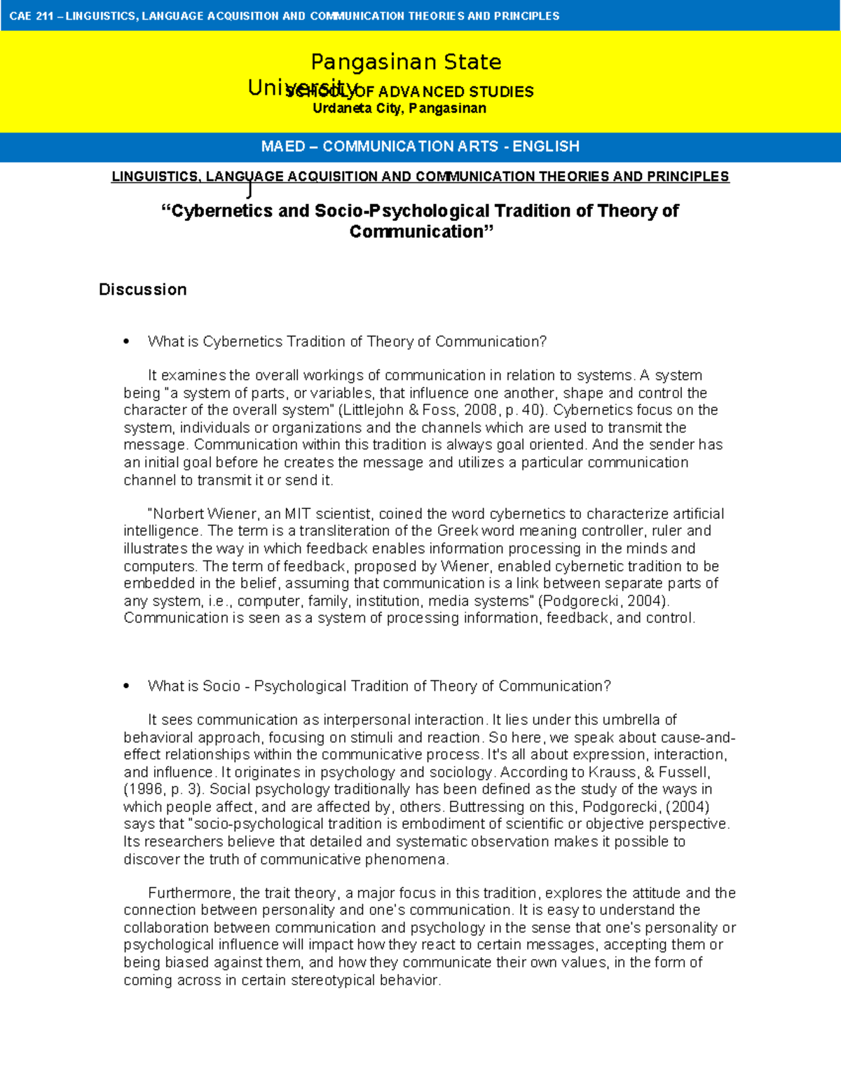 Cybernetics and Soci - Psychological Communication Theories ...