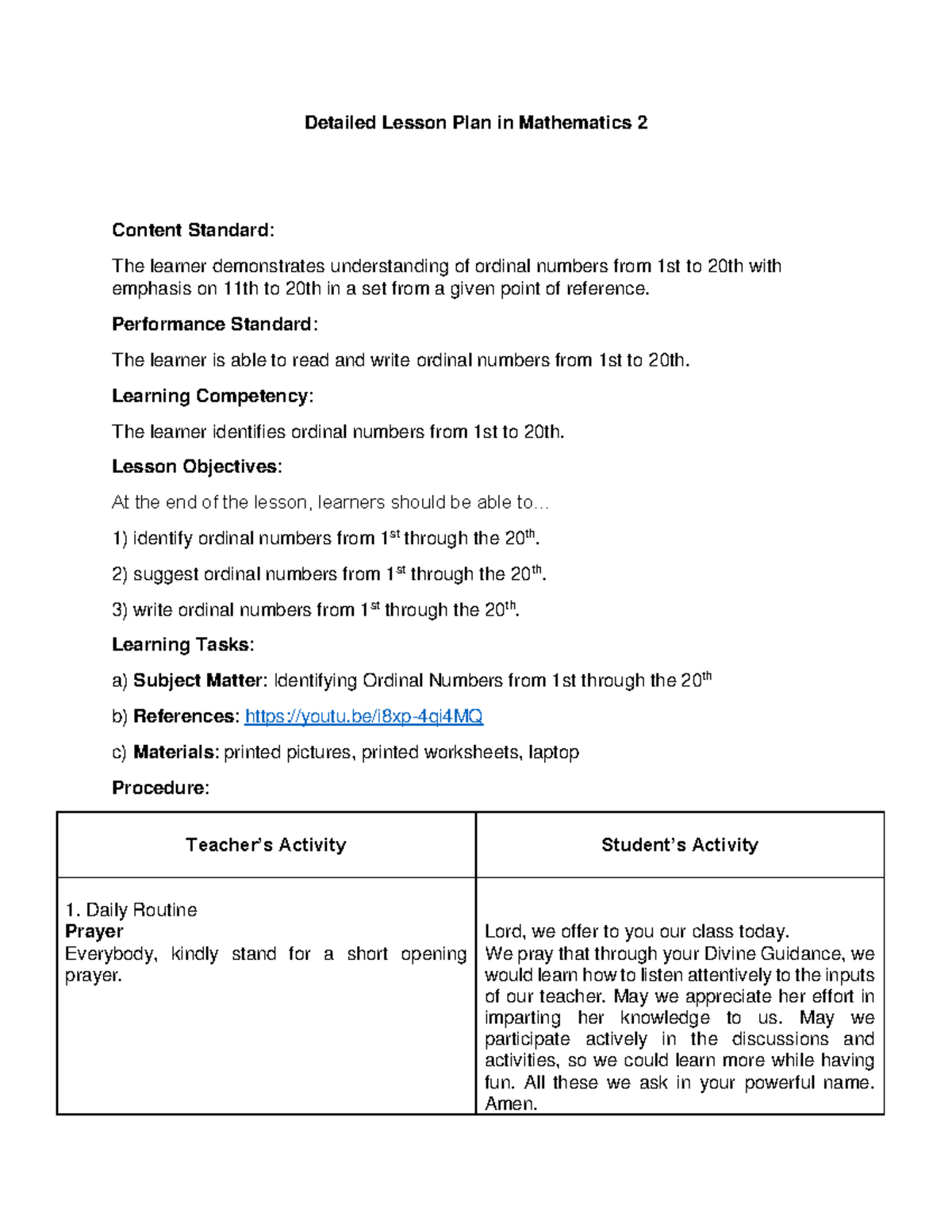 Detailed Lesson Plan In MATH Detailed Lesson Plan In Mathematics 2
