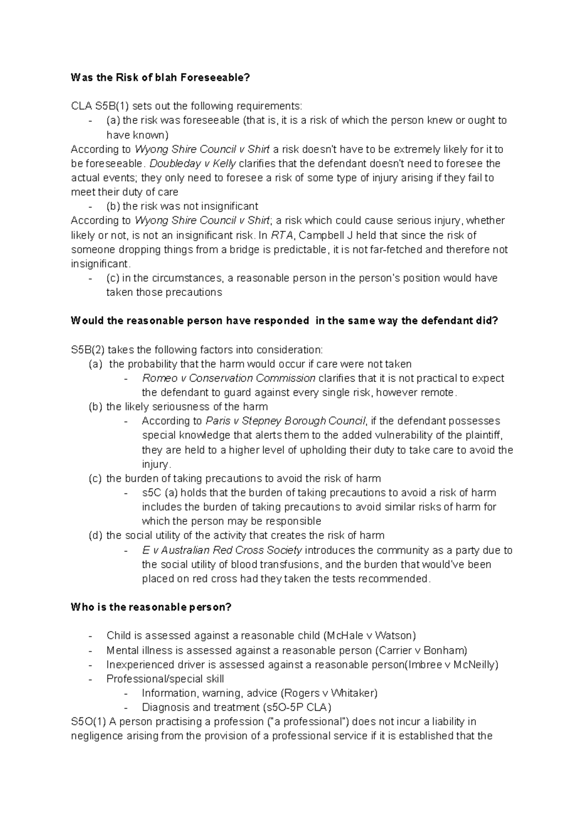 1 Breach of Duty Response to reasonably foreseeable risk - Was the Risk ...