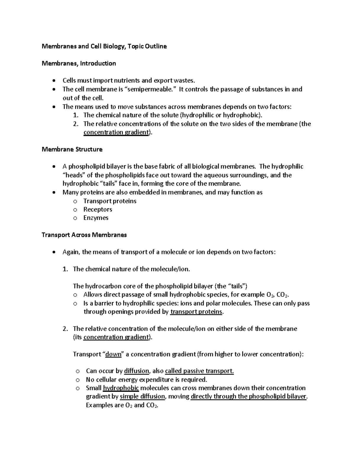 4 Membranes and Cell Biology Overview, Topic Outline - Membranes and ...
