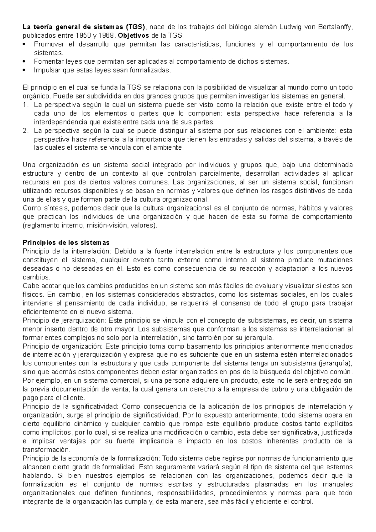 SIO Resumen 1 - La teoría general de sistemas (TGS), nace de los trabajos del biólogo alemán ...