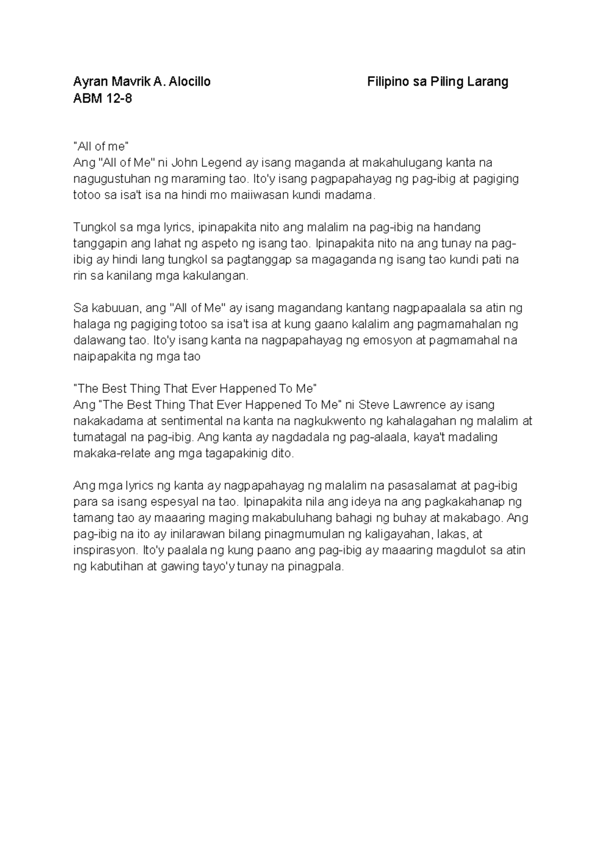 Fil Assignment - kyukyukyuk - Ayran Mavrik A. Alocillo Filipino sa ...