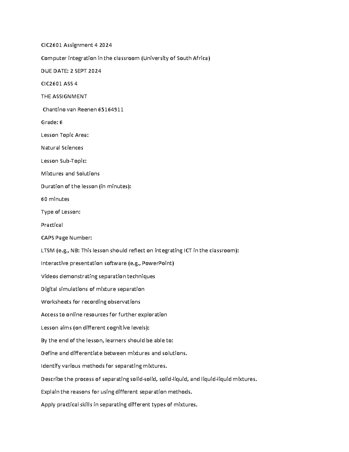 CIC2601 Assignment 4 2024 - CIC2601 Assignment 4 2024 Computer integration in the classroom ...