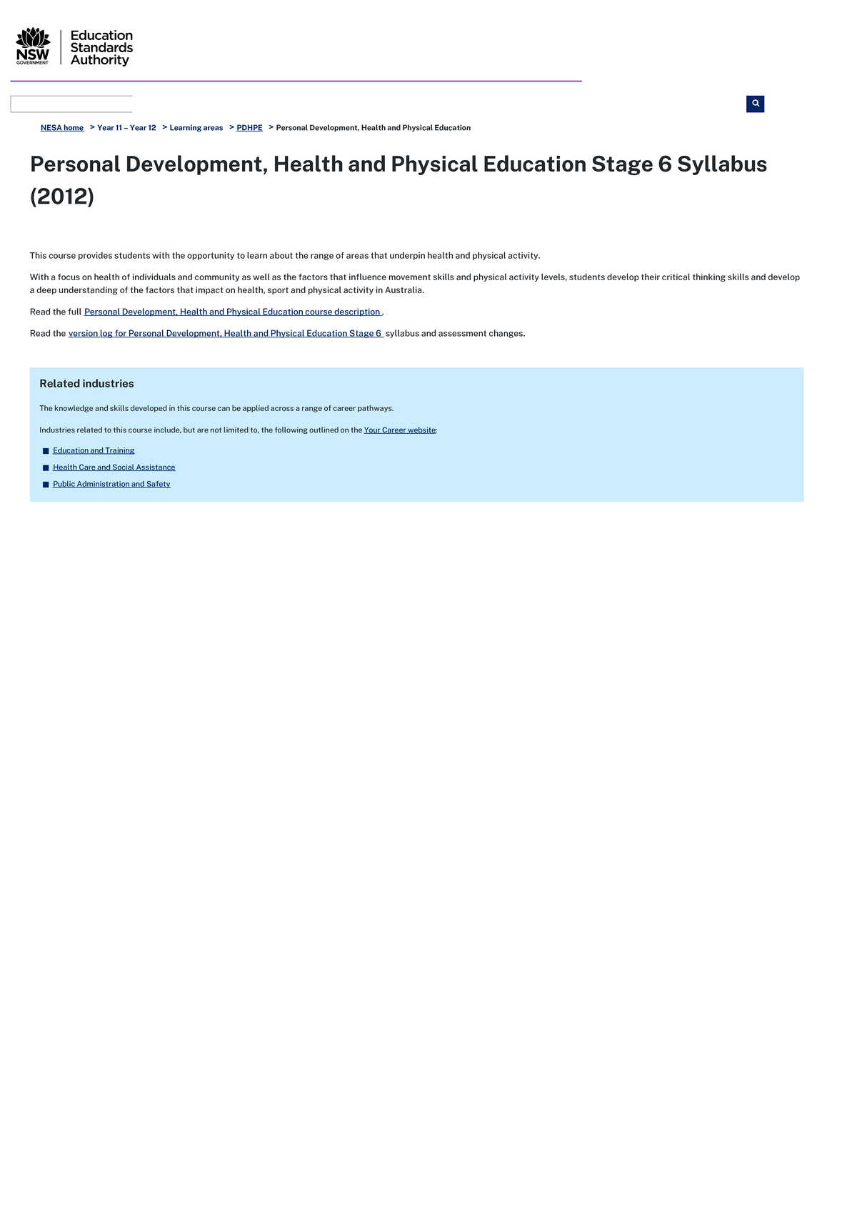 Personal Development Health and Physical Education Stage 6 Syllabus ...
