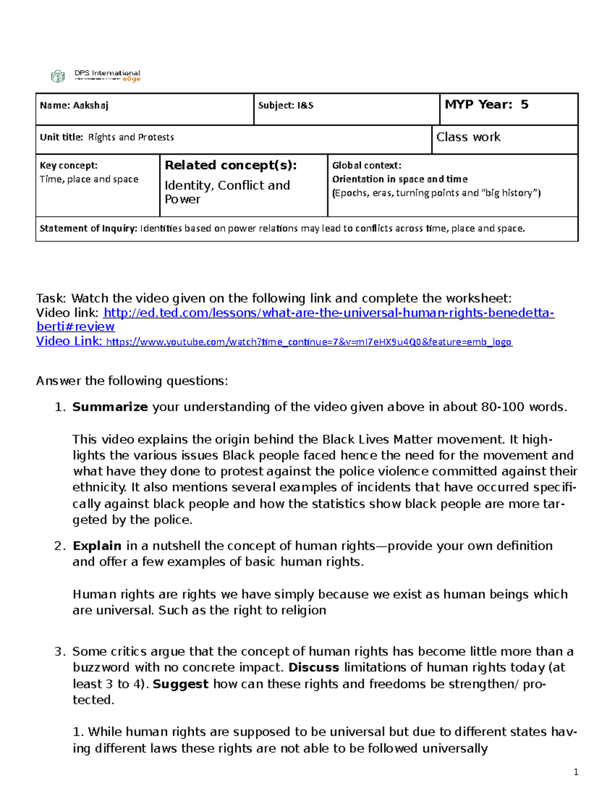 Human Rights - MYP 5- UNIT 1- worksheet 1 (1) - Name: Aakshaj Subject ...