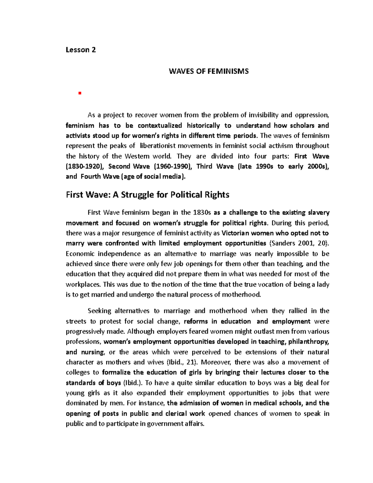 Lesson 2 Waves OF Feminisms - Lesson 2 WAVES OF FEMINISMS As a project ...