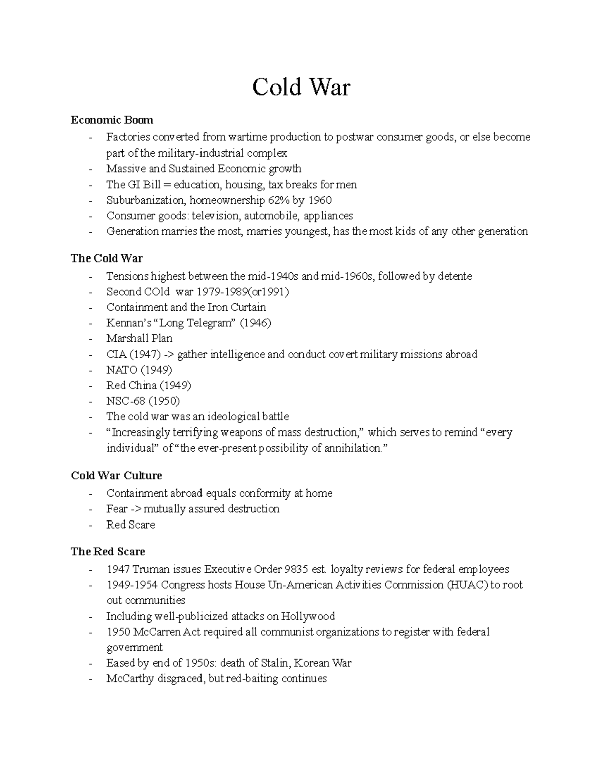 Class Notes - HIST 2620 - Cold war and the important events leading up ...