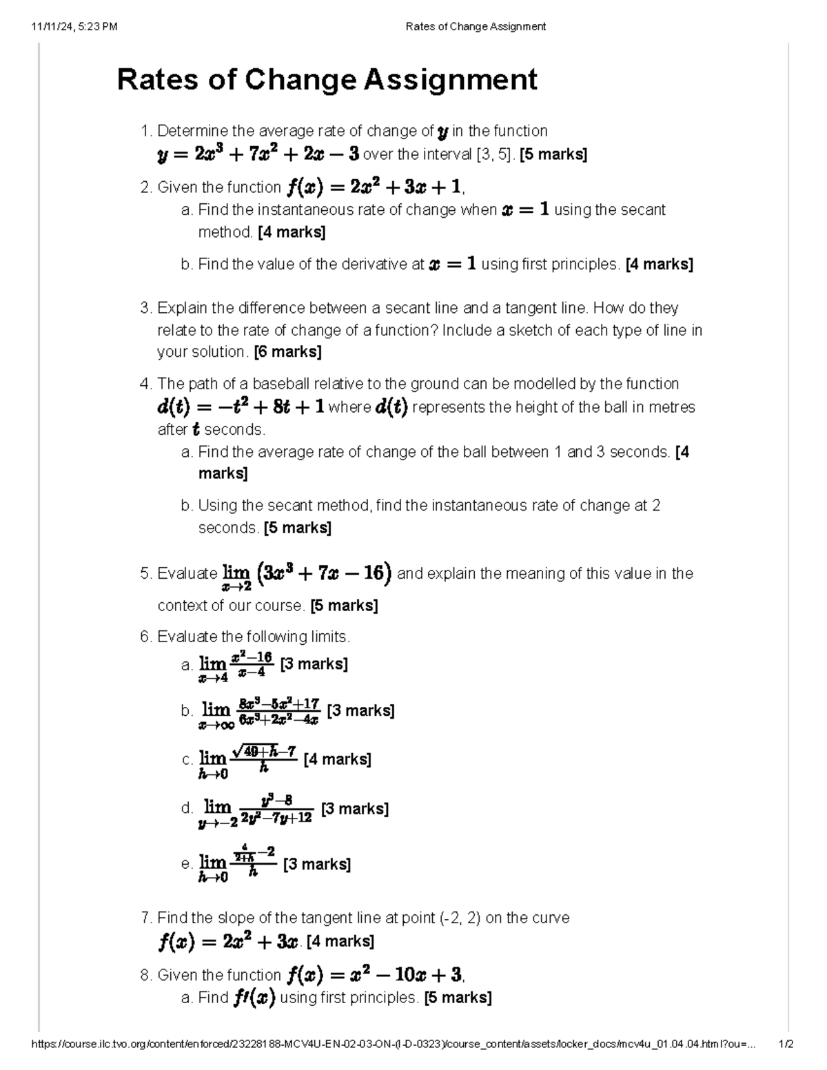 Rates of Change Assignment - Determine the average rate of change of in ...