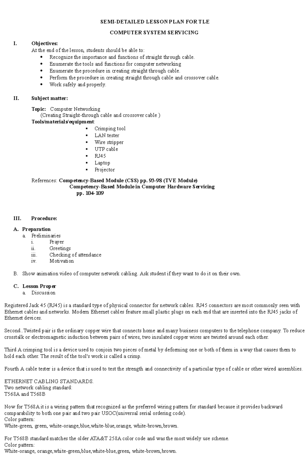 Lesson Plan In Tle Co1 Semi Detailed Lesson Plan For Tle Computer System Servicing I 
