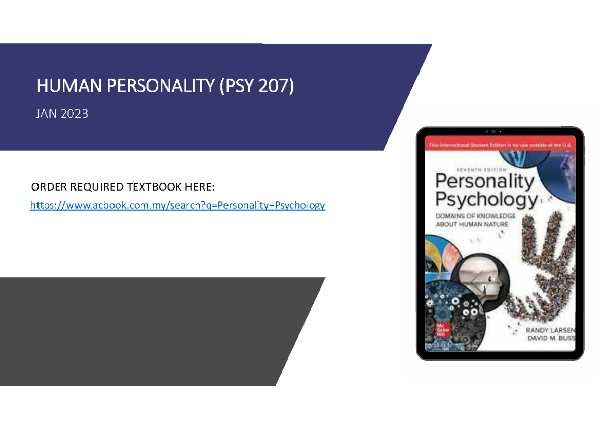 Lecture 1 - Intro to Human Personality - ORDER REQUIRED TEXTBOOK HERE ...