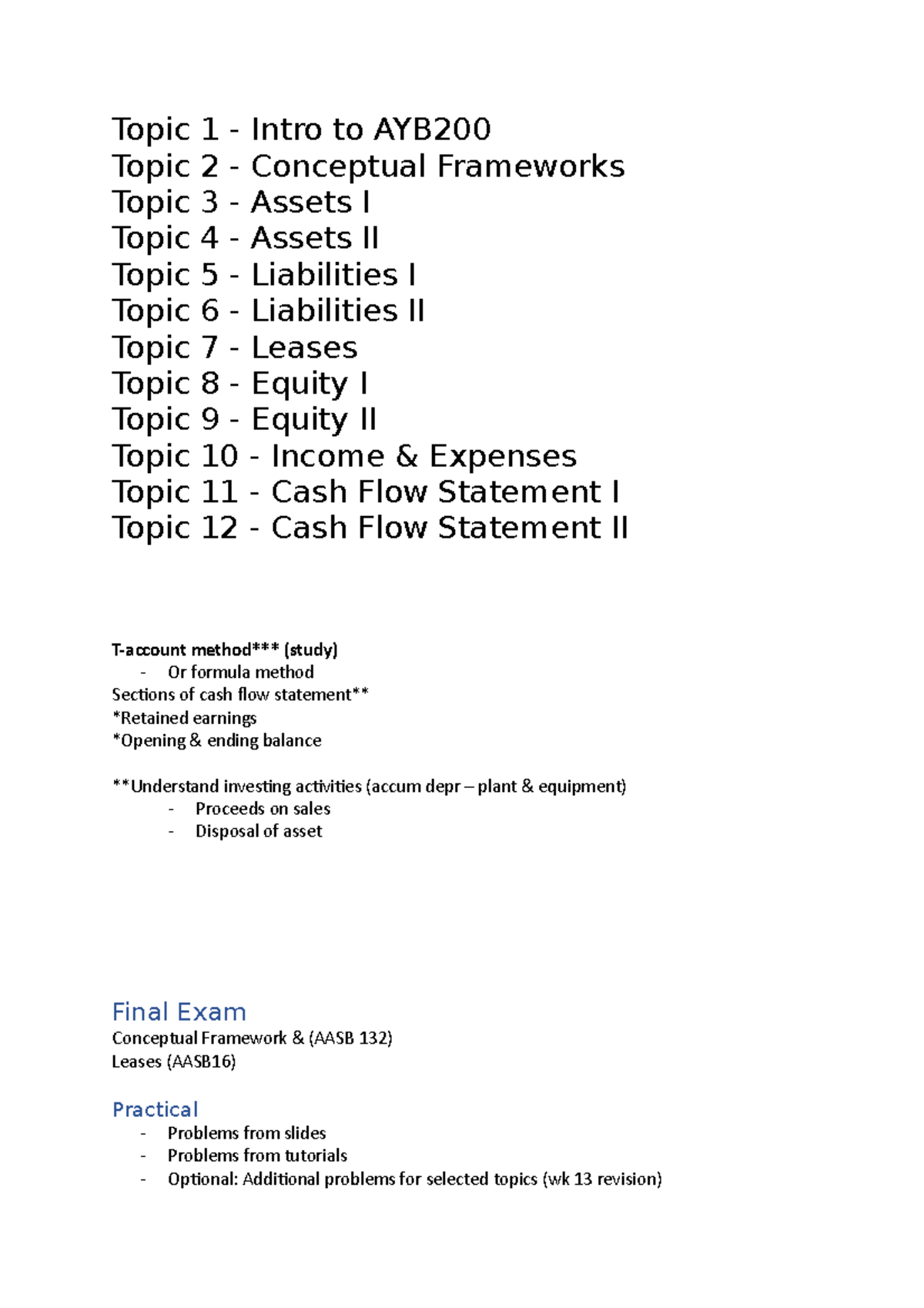 AYB200 Review Summary - Topic 1 - Intro to AYB Topic 2 - Conceptual Frameworks Topic 3 - Assets ...