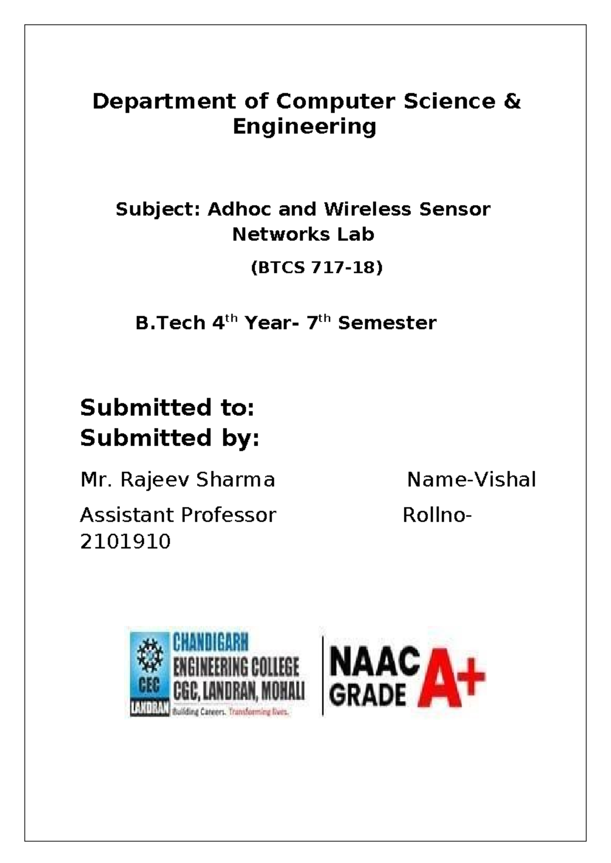 Adhoc and Wireless Sensor Networks - Department of Computer Science & Engineering Subject: Adhoc ...