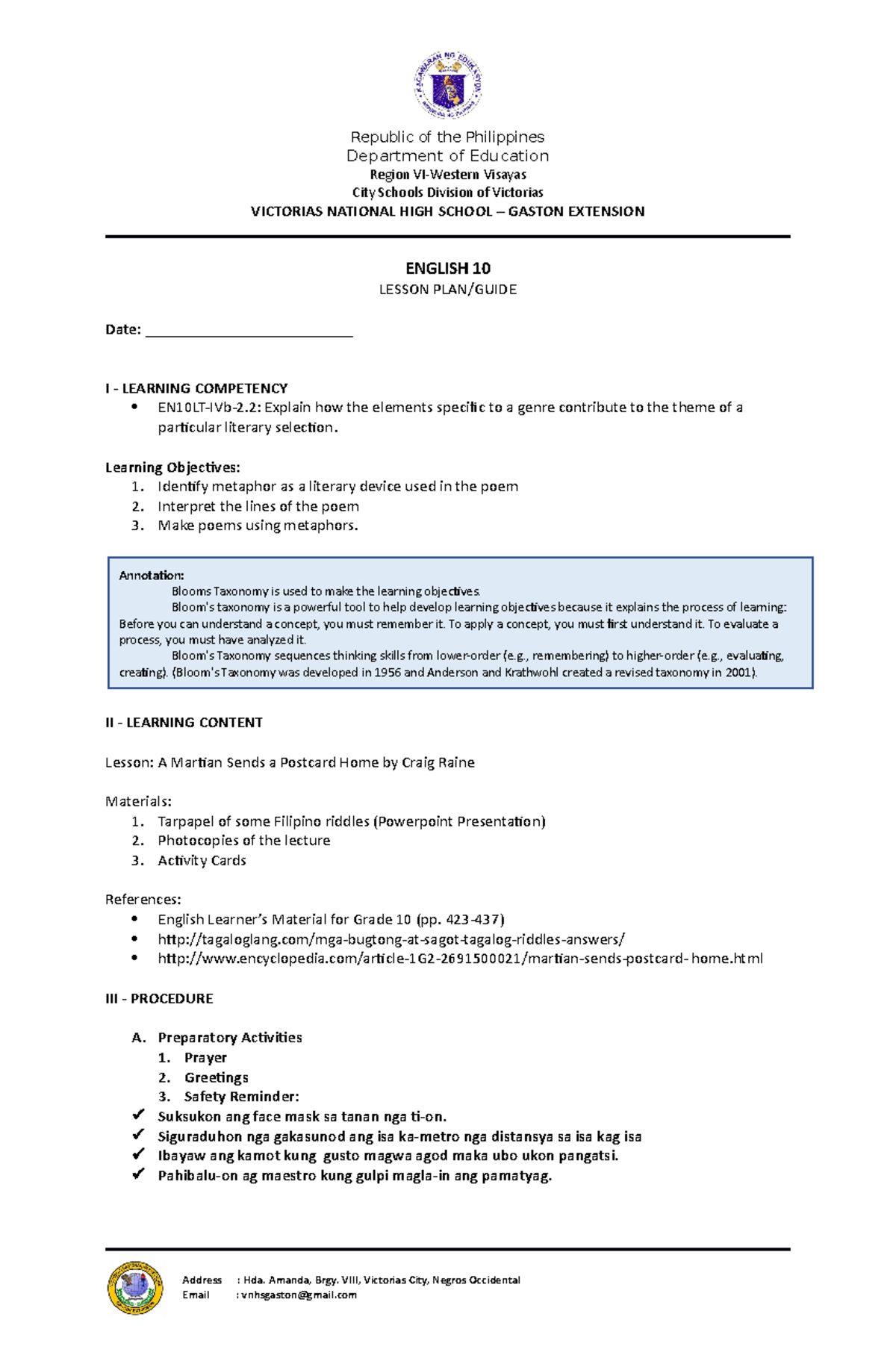 Lesson Plan Expanded Definition - Department of Education Region VI ...