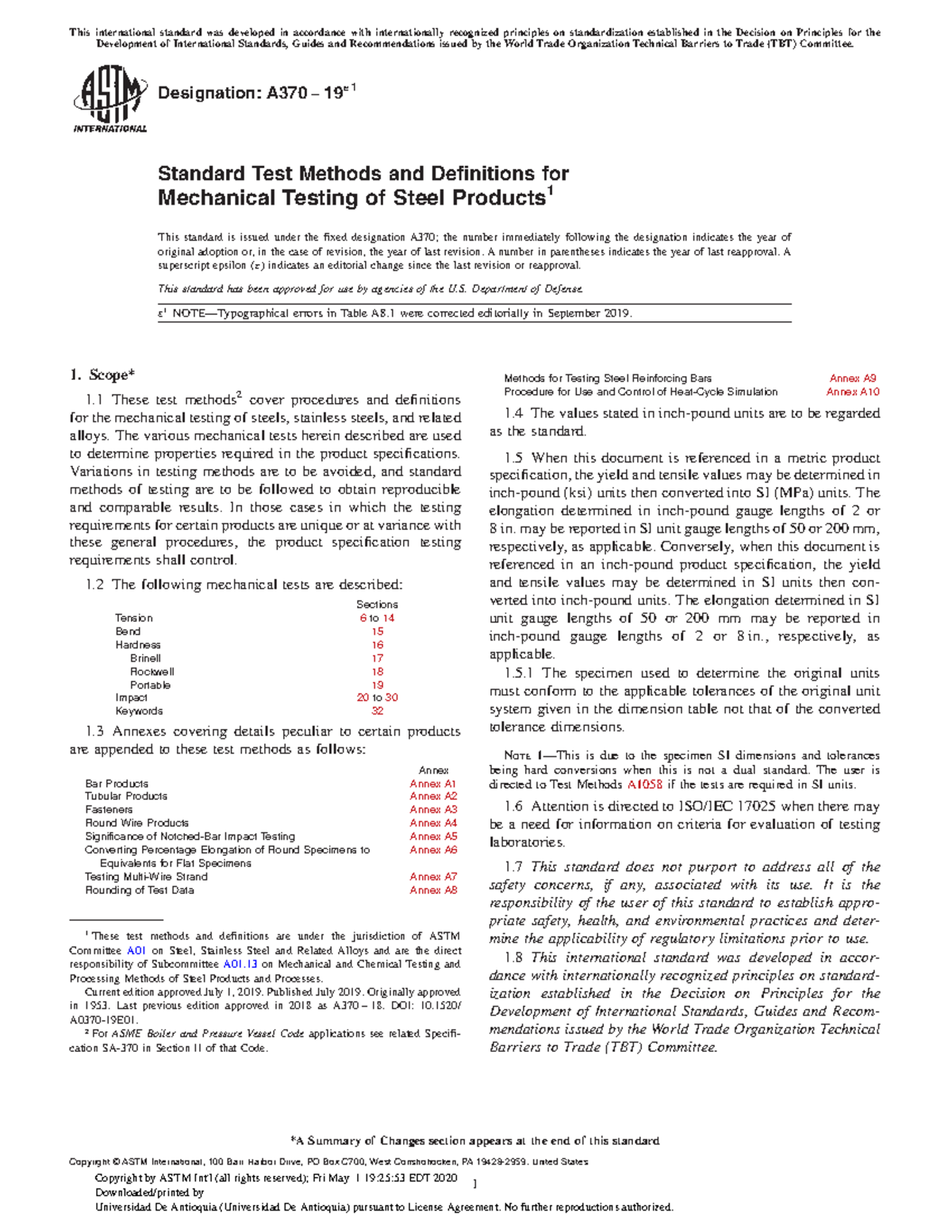 ASTM A370 - Informe de ensayos de pruebas de materiales - Designation ...