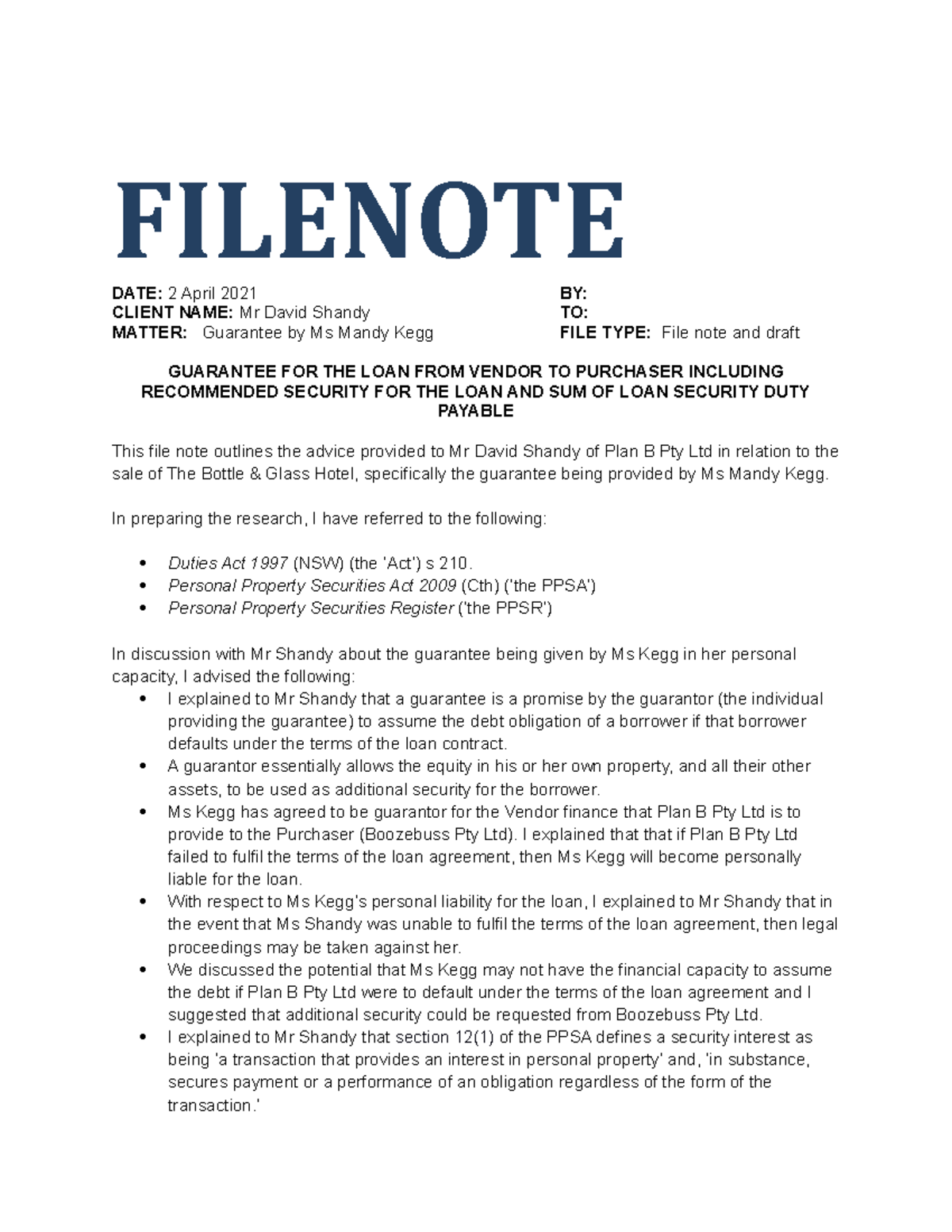 LAWS6015 A - Filenote - Guarantee - FILENOTE DATE: 2 April 2021 BY ...