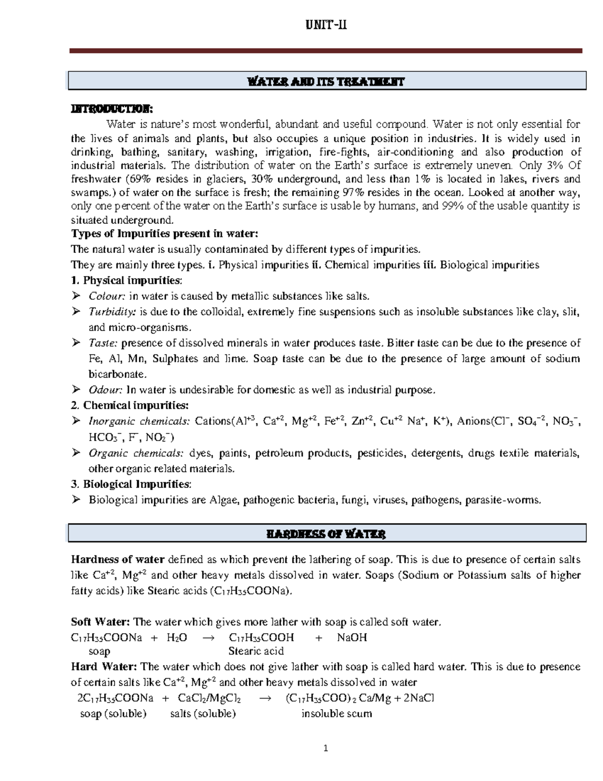 chemistry notes unit 2 - Water and its treatment Introduction: Water is ...