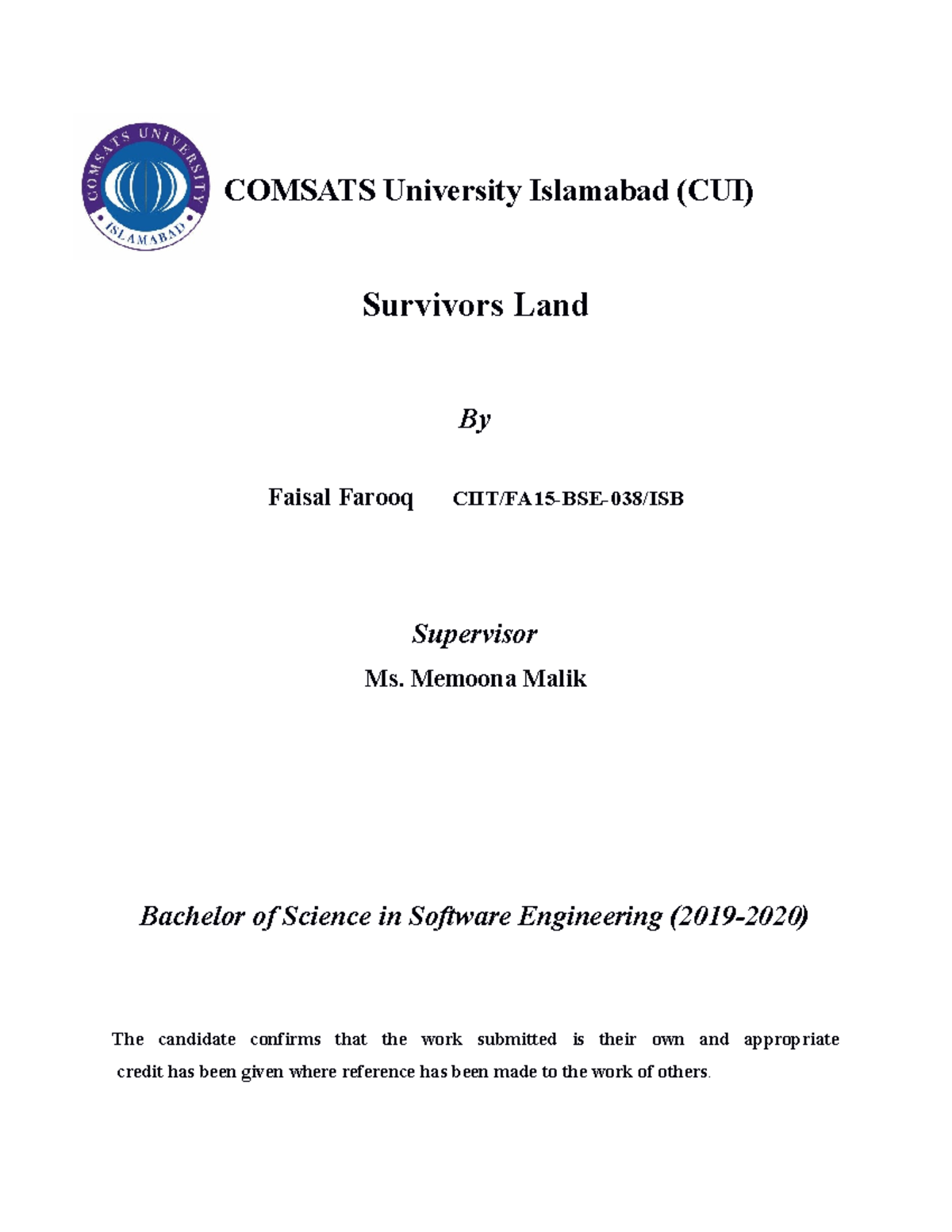 Final Document - COMSATS University Islamabad (CUI) Survivors Land By ...