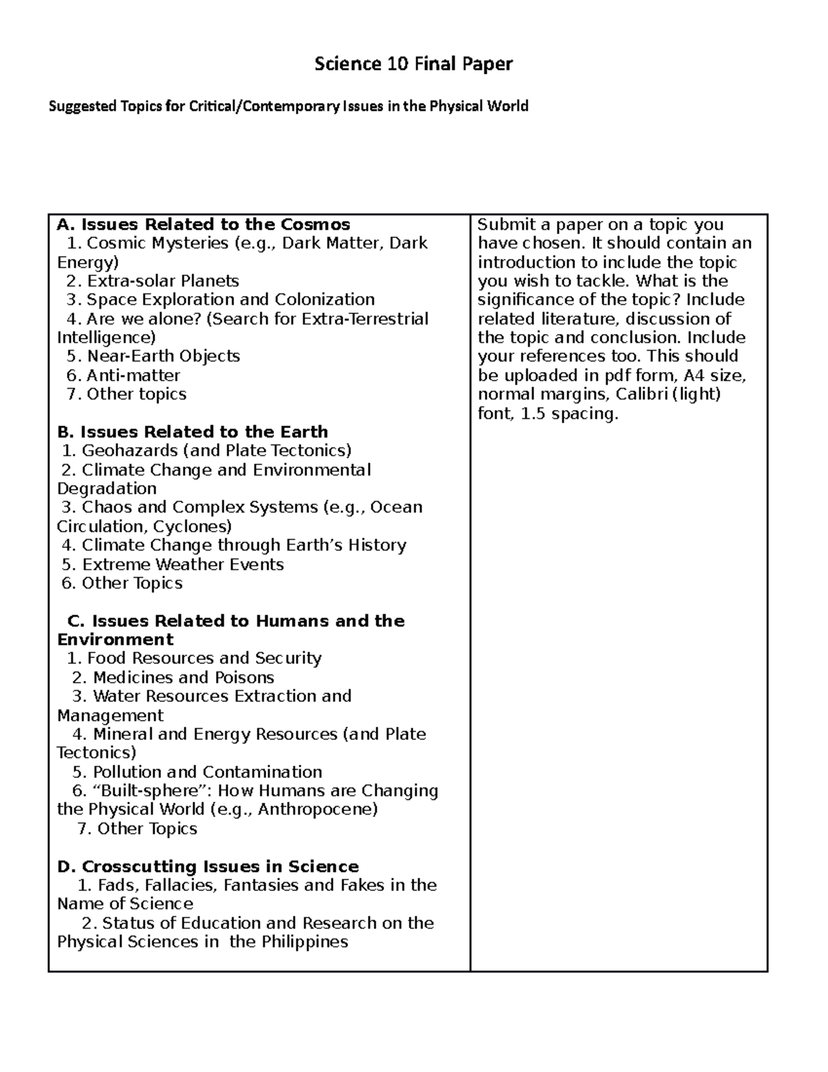 Science 10 Final Paper - Science 10 Final Paper Suggested Topics for ...