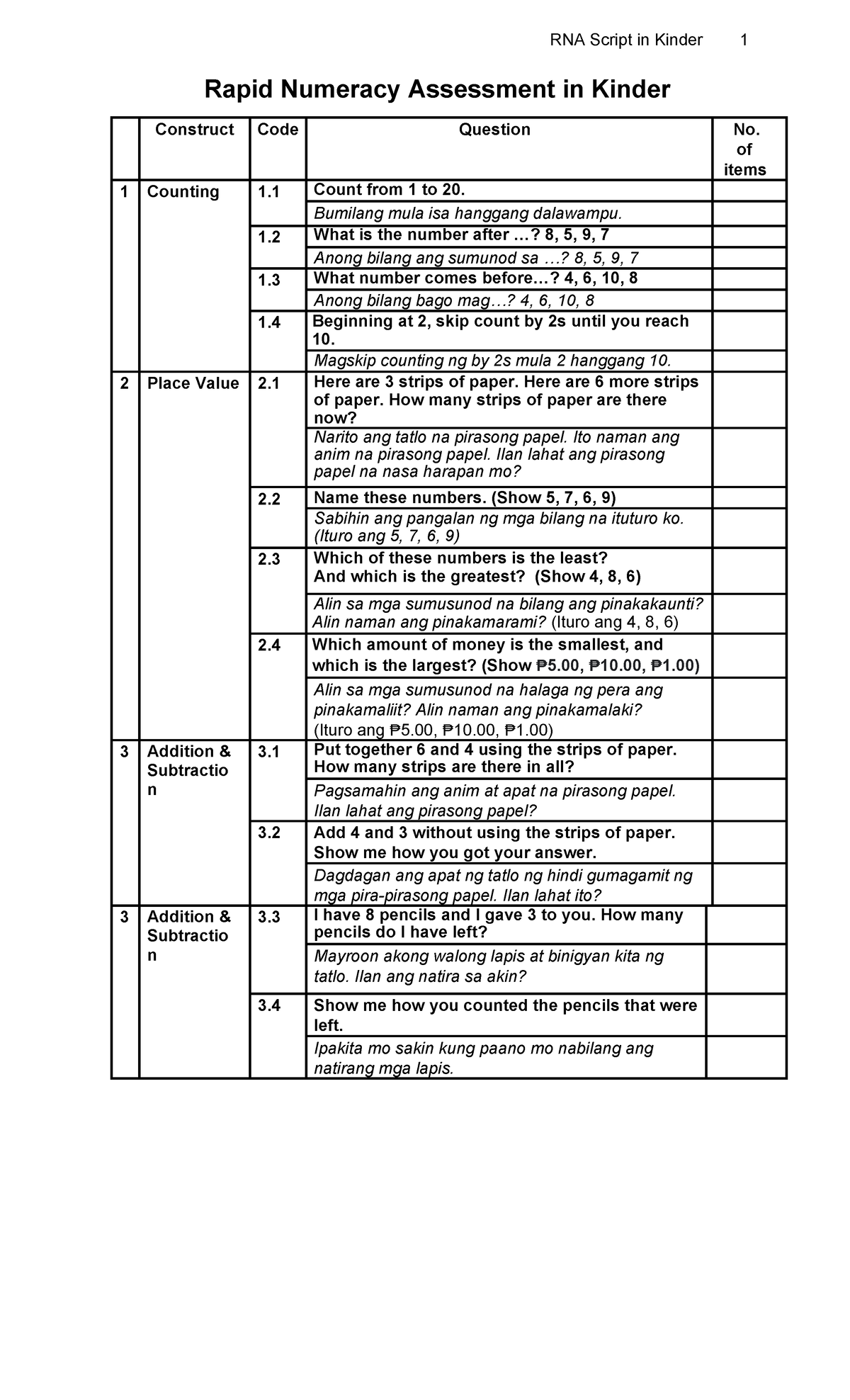 Rapid Assessment - Numeracy - RNA Script in Kinder 1 Rapid Numeracy ...