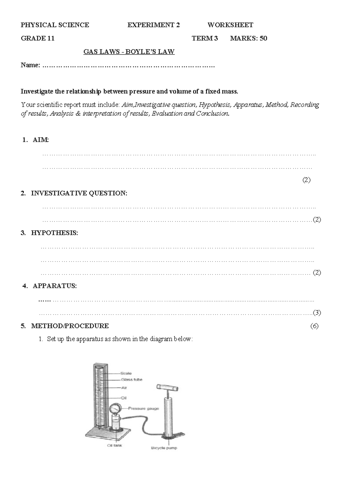 Grade 11 EXPT 2 TERM 3 - Boyle'S LAW - PHYSICAL SCIENCE EXPERIMENT 2 ...