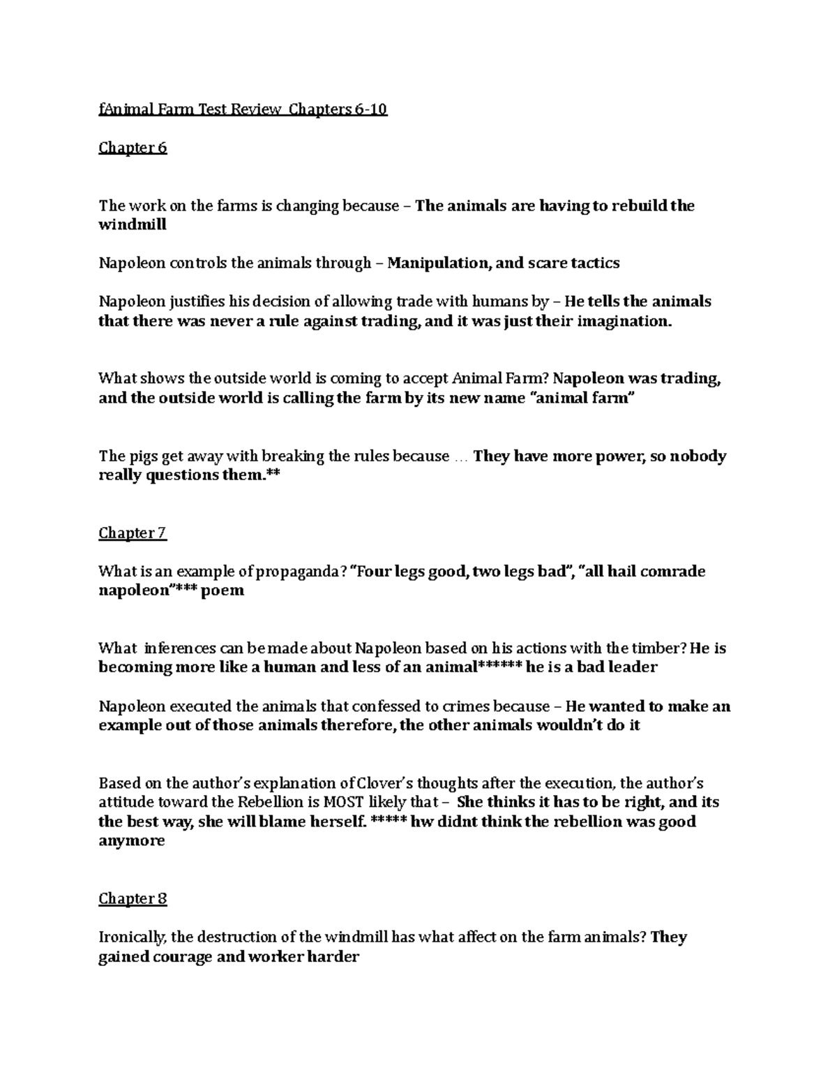 Animal Farm Test Review Chapters 6-10 - fAnimal Farm Test Review ...