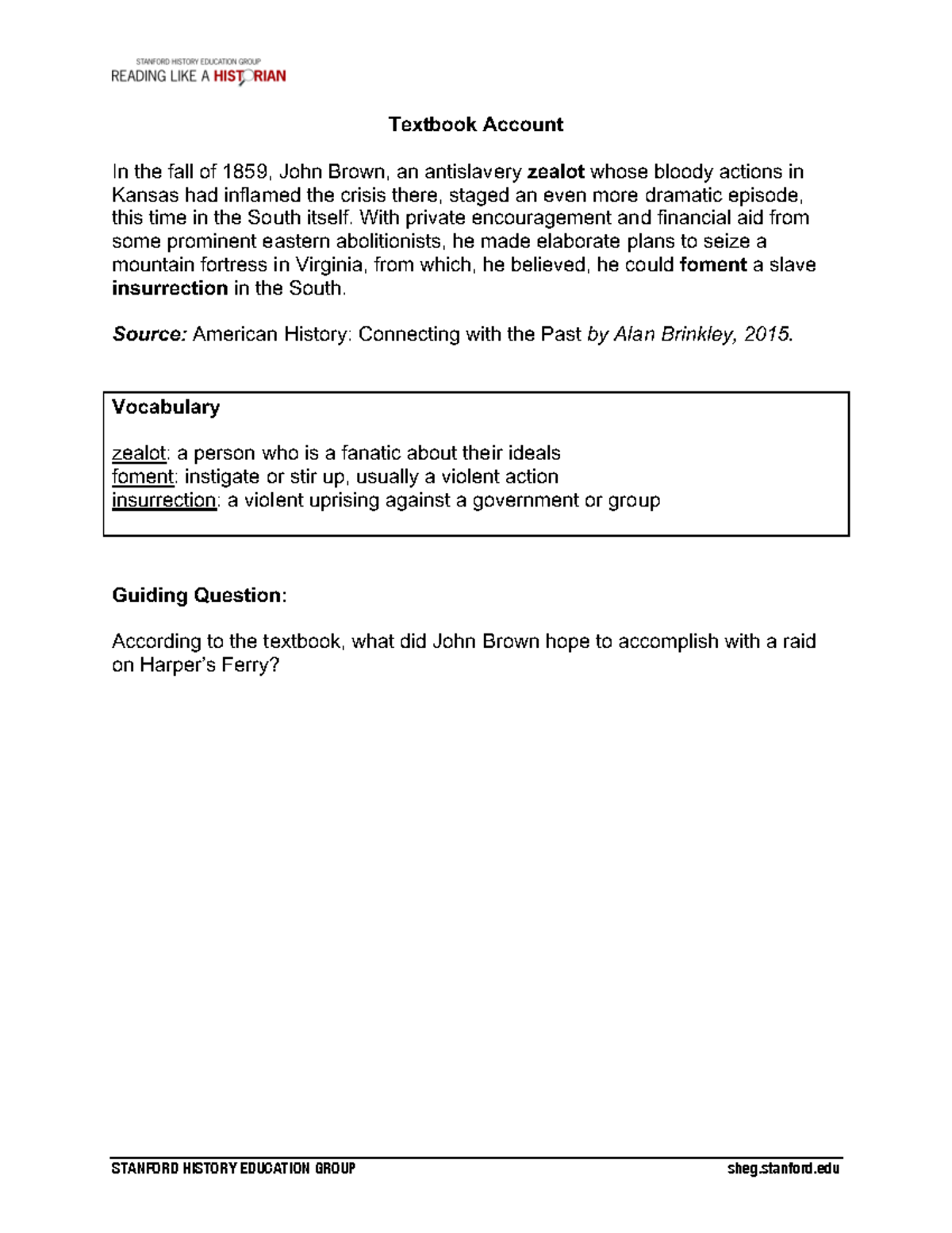 John Brown's Motivation Student Materials - Textbook Account In the ...