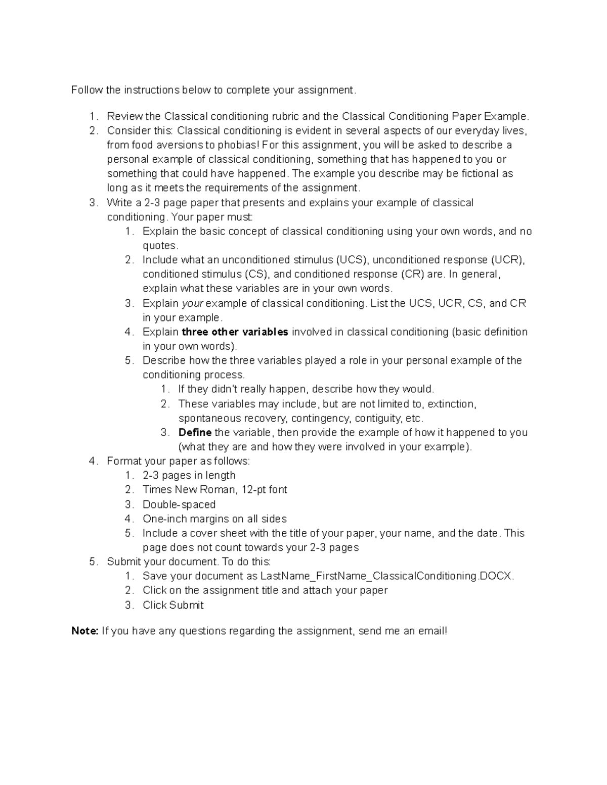 Classical Conditioning Assignment - py 101 - Follow the instructions ...