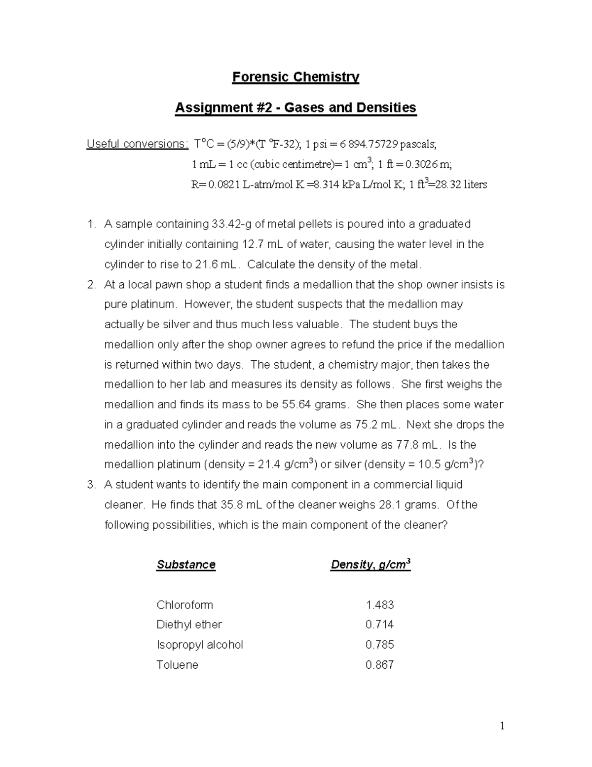 Assignment #2- Gases and Density - 1 Forensic Chemistry Assignment # 2 ...