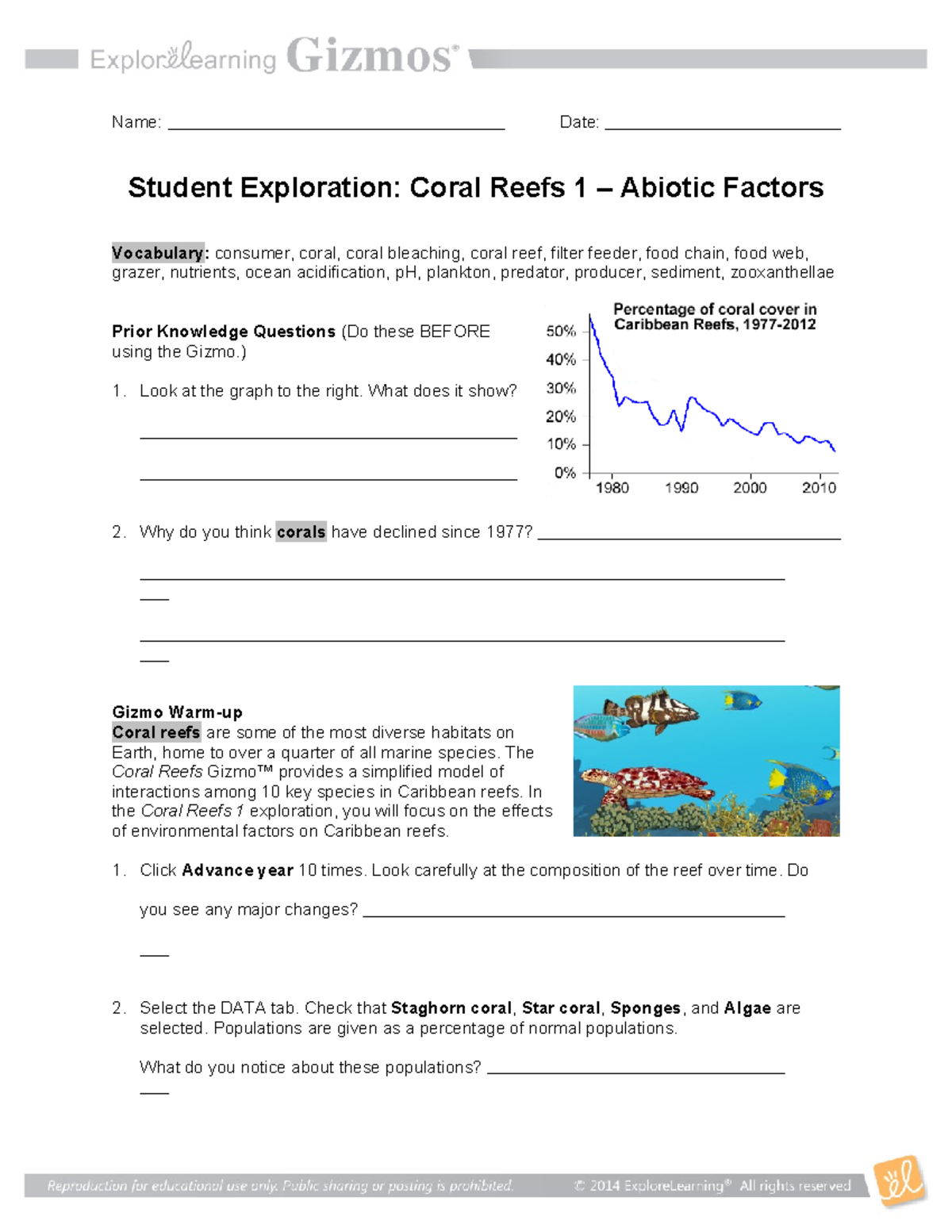 Coral Reef 1 answer sheet - Name: Date: Student Exploration: Coral ...