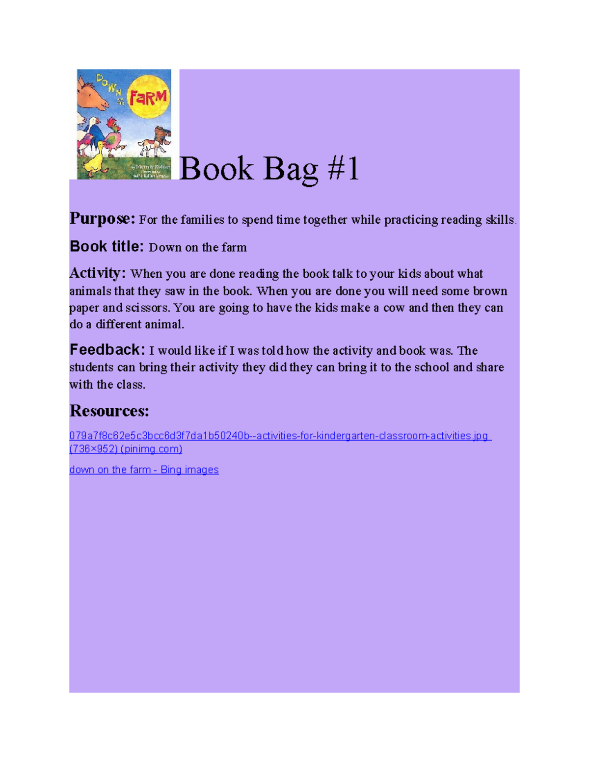 Book Bag Activity Jenny - Book Bag Purpose: For the families to spend ...