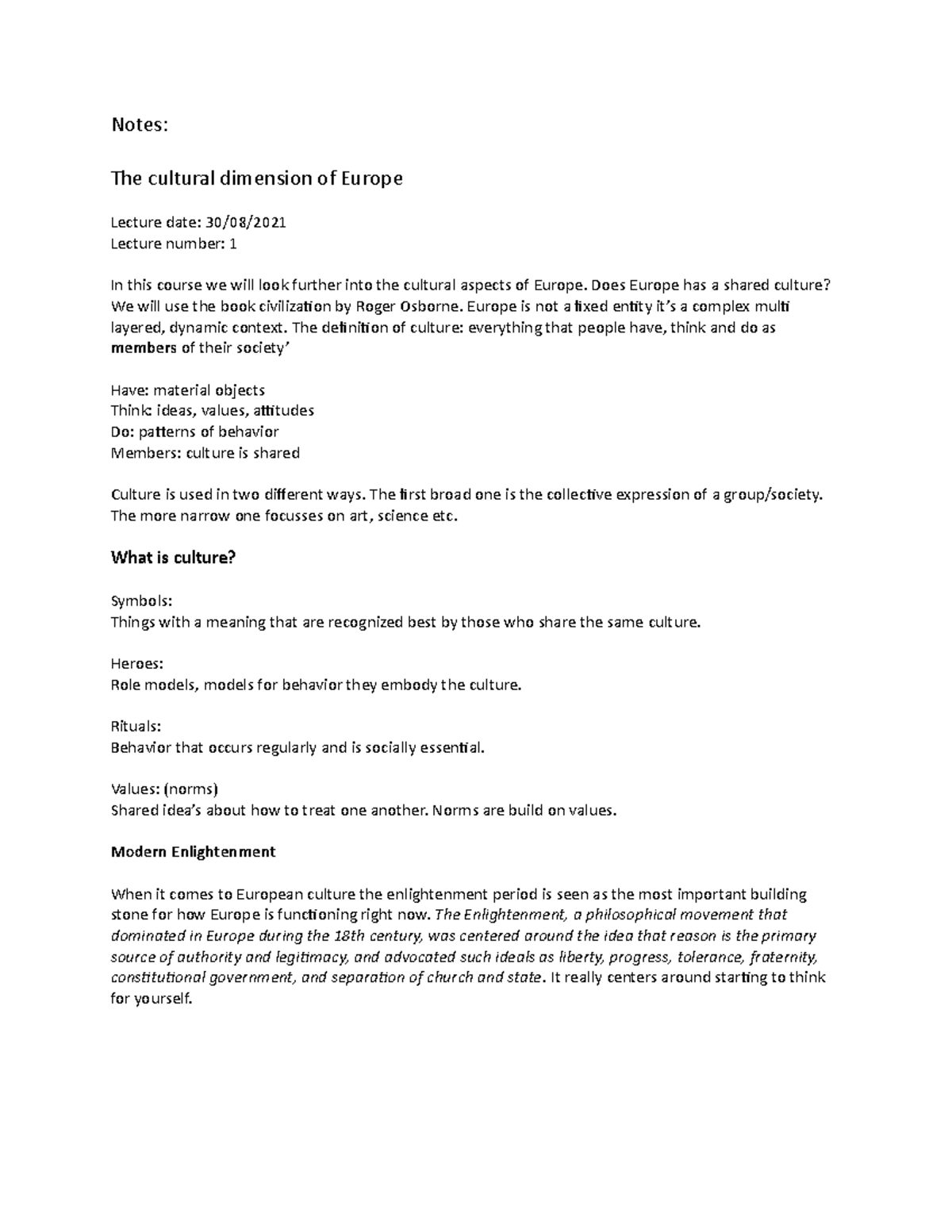 Cultural Dimension Notes - Notes: The cultural dimension of Europe ...