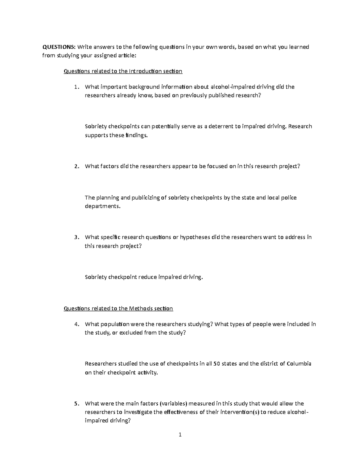 Alcohol-impaired driving activity - QUESTIONS: Write answers to the ...