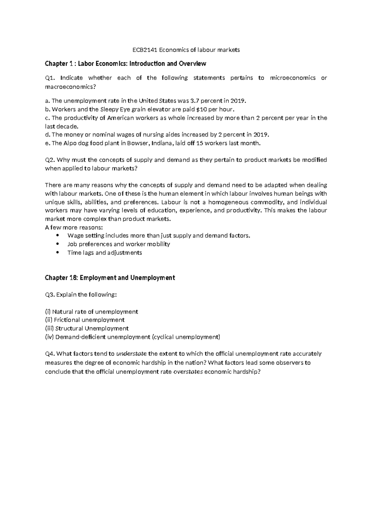 Week 1 Practice Questions - ECB2141 Economics of labour markets Chapter ...