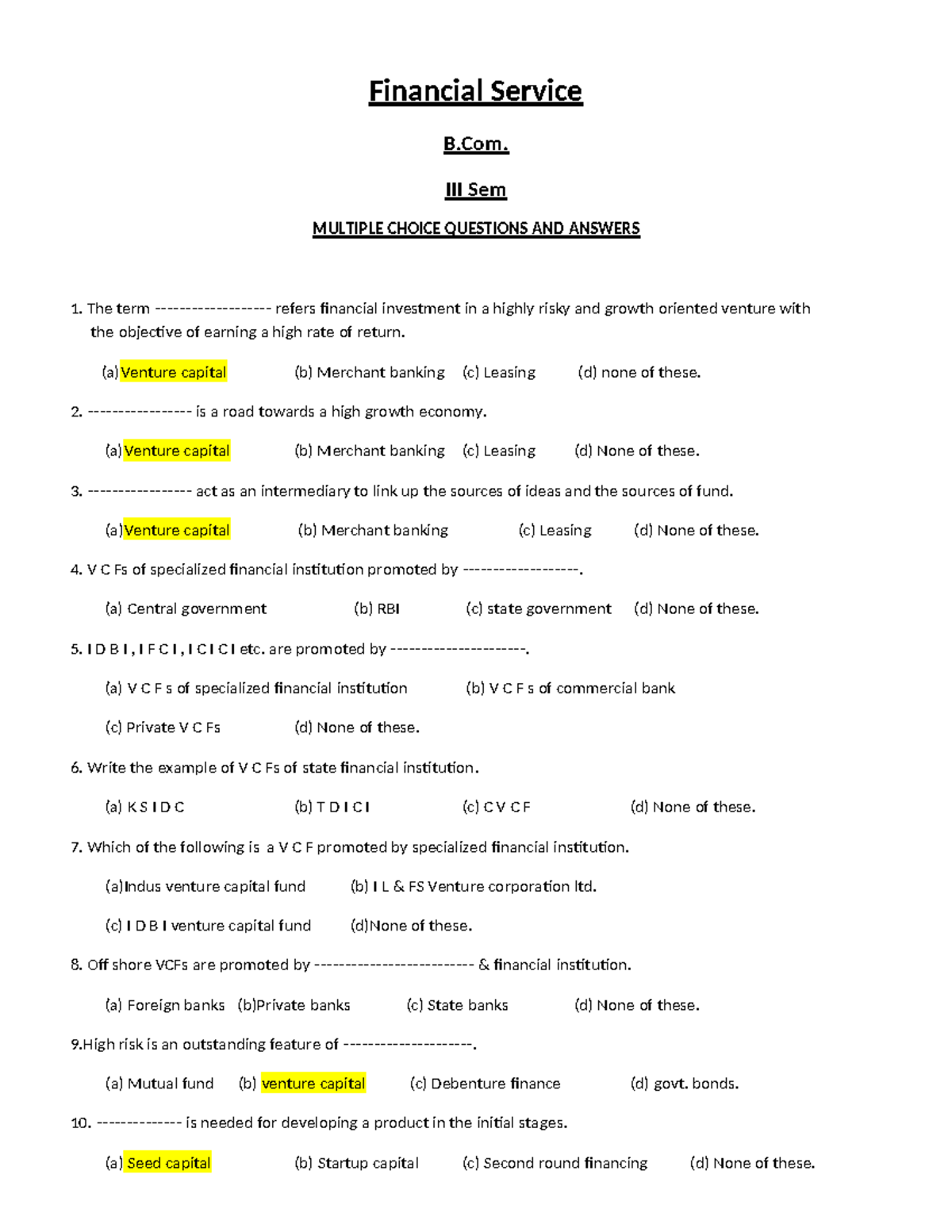 III SEM MCQs - Financial service mcqs - Financial Service B. III Sem ...
