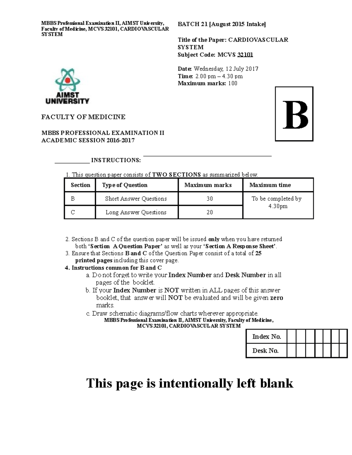 CVS-Booklet B - past years - ####### MBBS Professional Examination II ...