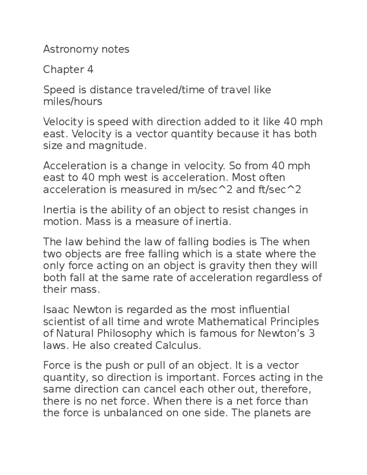 Astronomy notes 4 - Astronomy notes Chapter 4 Speed is distance ...