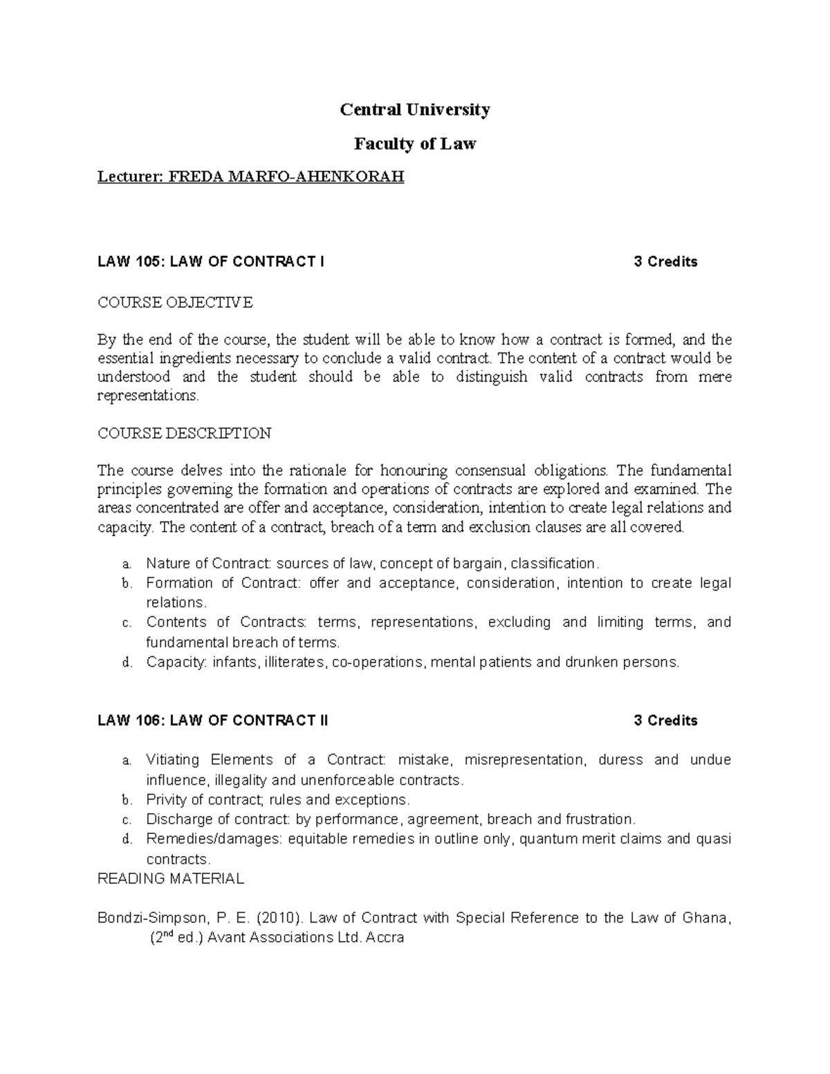 Law of Contract I & II - Central University Faculty of Law Lecturer ...