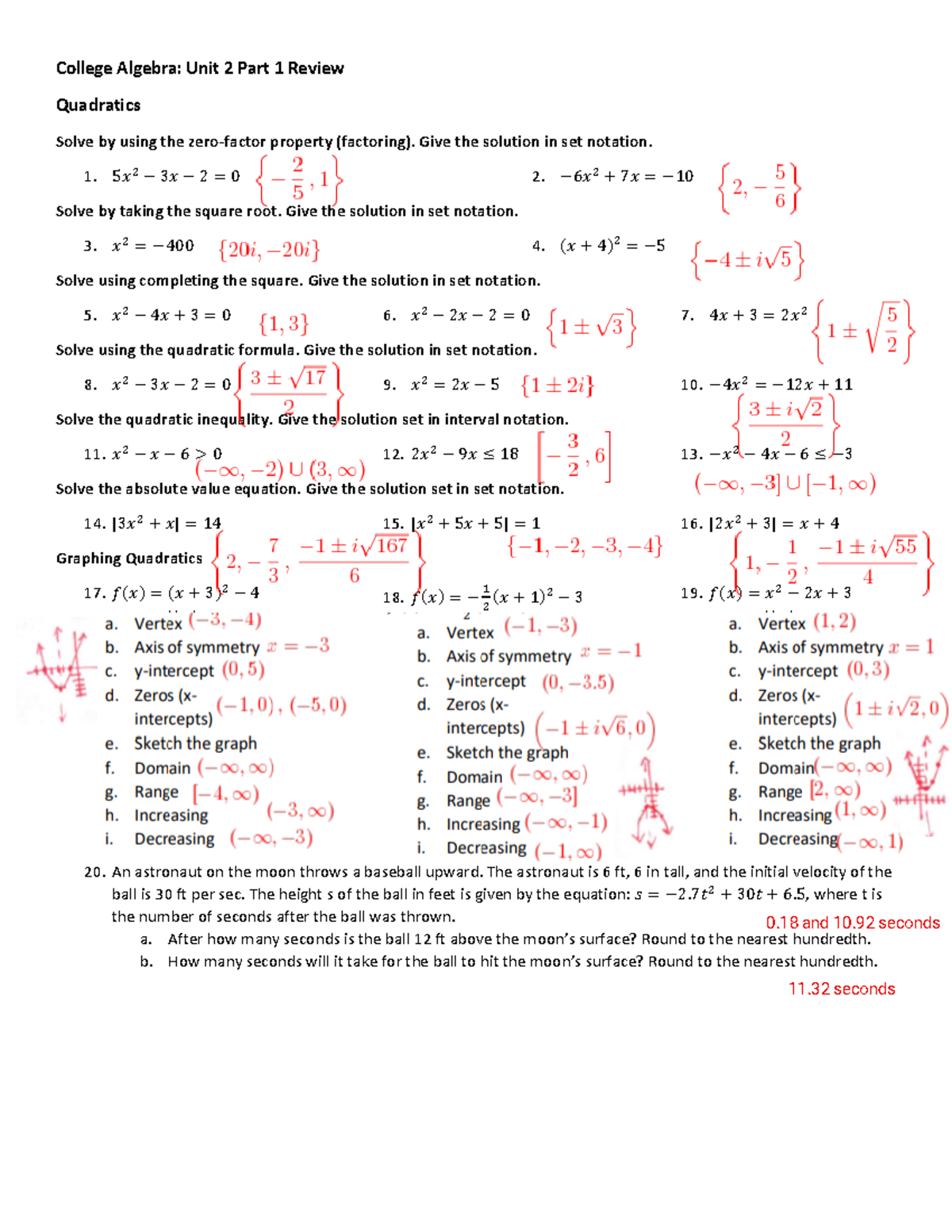 Unit 2 Part 1 Review - College Algebra: Unit 2 Part 1 Review Quadratics ...