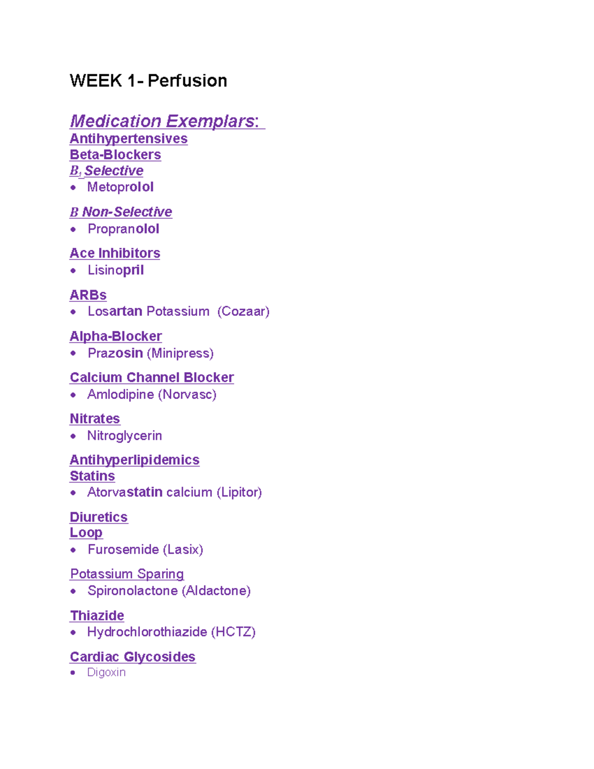 Med Cards - WEEK 1- Perfusion Medication Exemplars: Antihypertensives ...