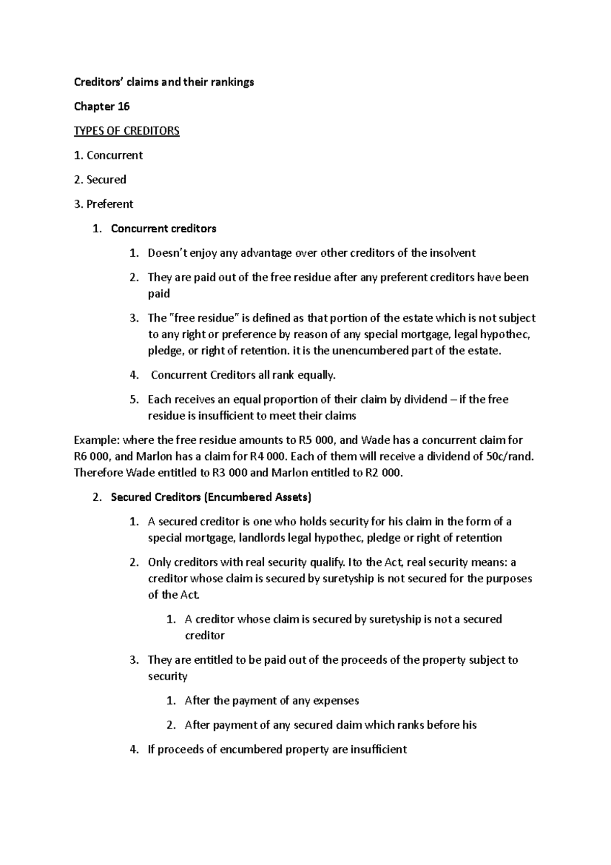 Chapter 16 wiki notes - Creditors’ claims and their rankings Chapter 16 ...