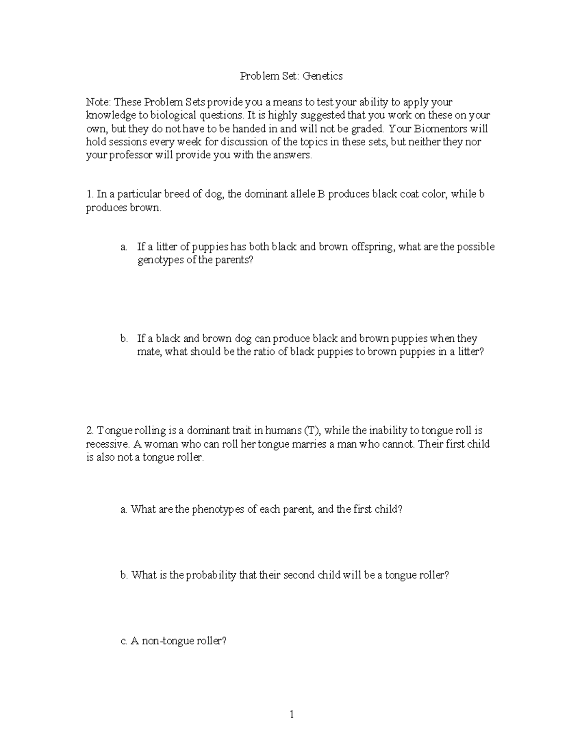 Genetics Problem Set - Problem Set: Genetics Note: These Problem Sets ...