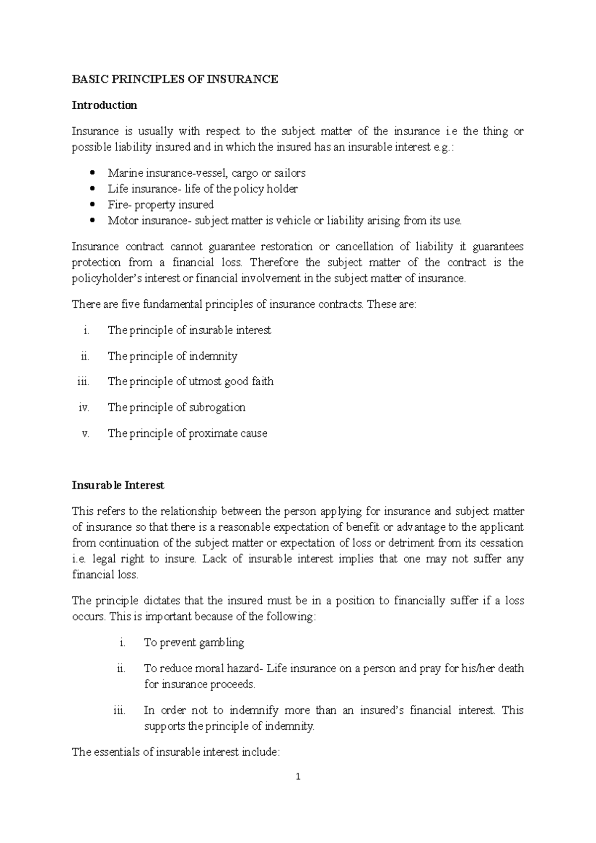 Basic principles of insurance (Supplementary notes) - Business law ...