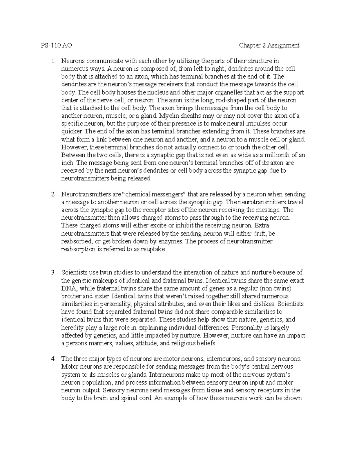 PS-110AO Chapter 2 Assignment - PS-110 AO Chapter 2 Assignment Neurons ...