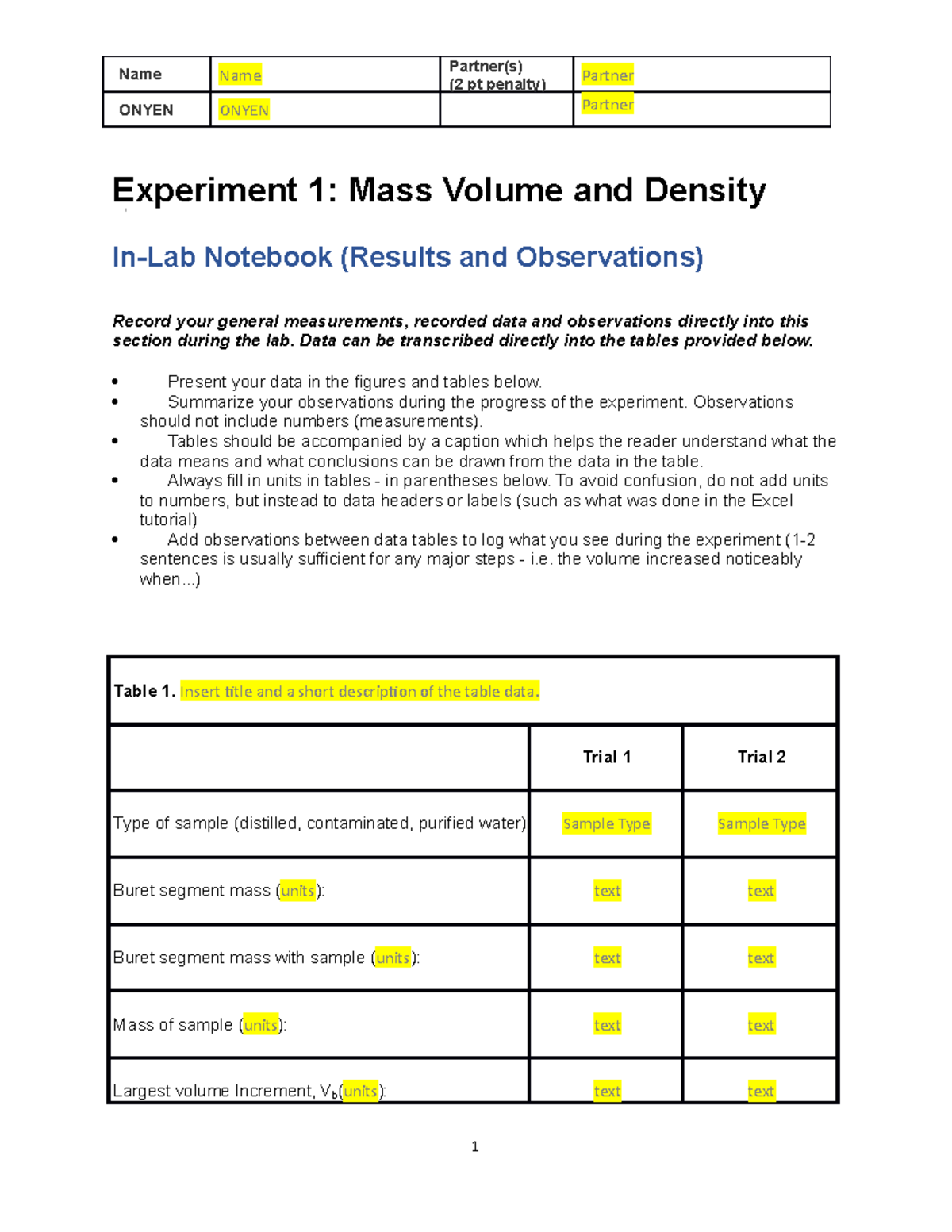 In Lab and Post Lab Experiment 1 v1 Blank Template Worksheet For ...