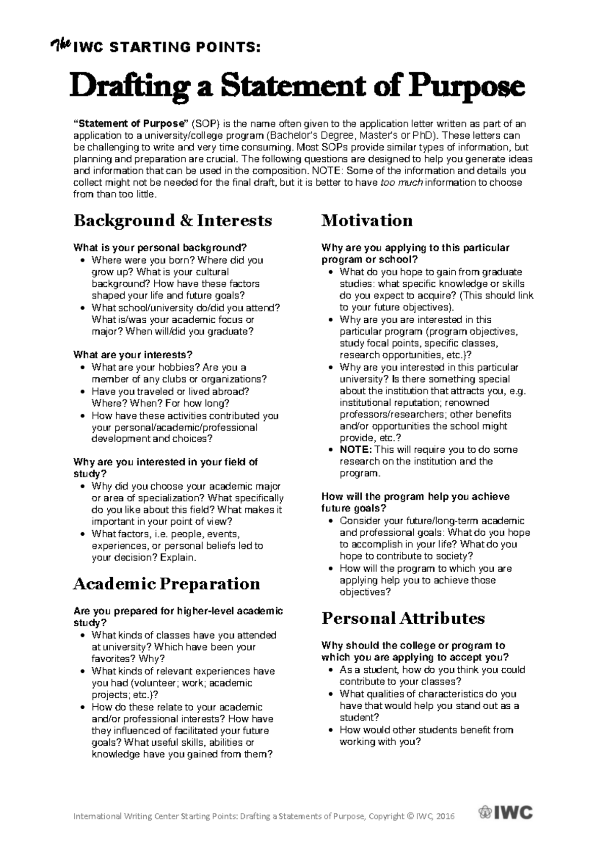 Statement Of Purpose Staring Points - IWC STARTING POINTS ...