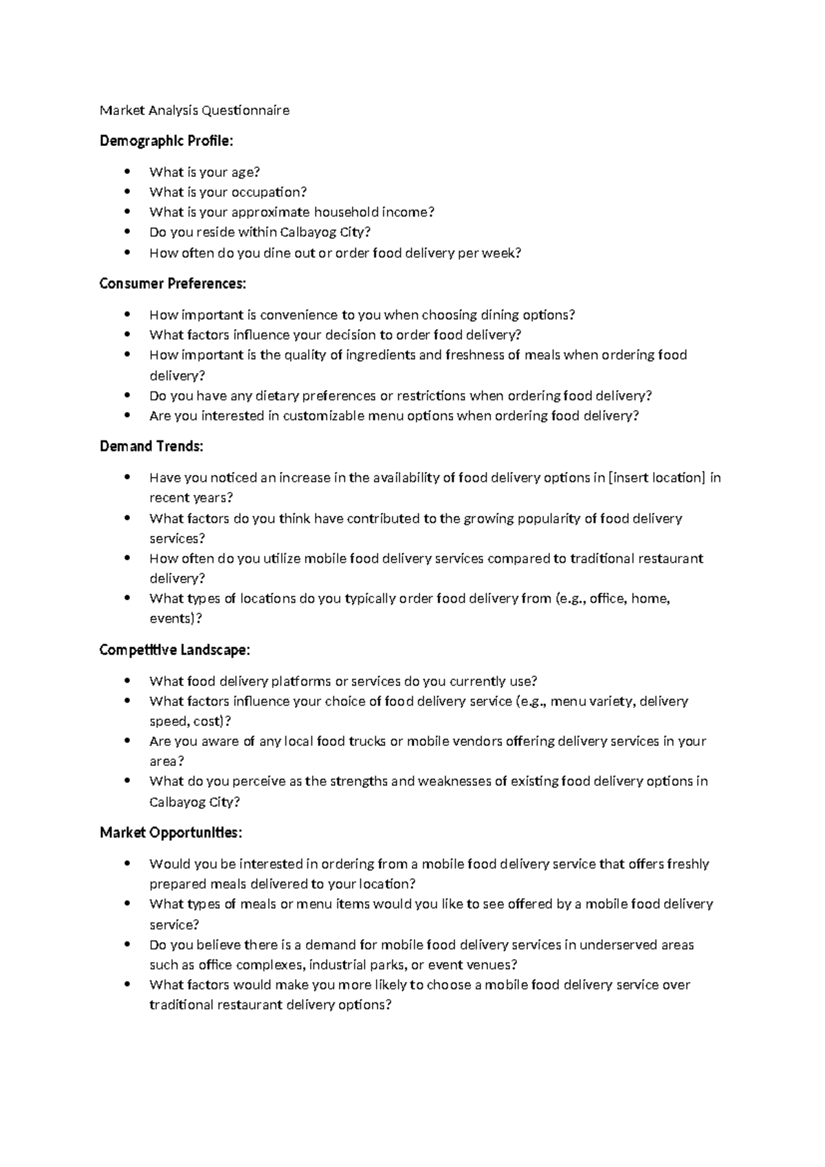 Market Analysis Questionnaire - Market Analysis Questionnaire ...