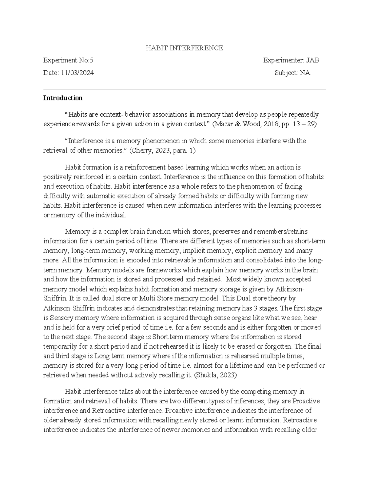 Habit Interference EXP - HABIT INTERFERENCE Experiment No:5 ...
