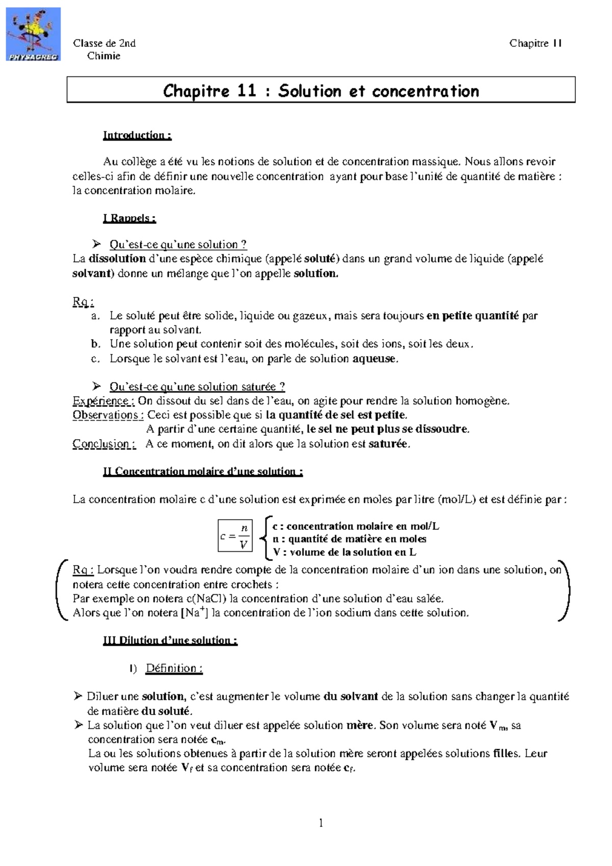 Chimie-chapitre 11-solution et concentration - Classe de 2nd Chapitre ...