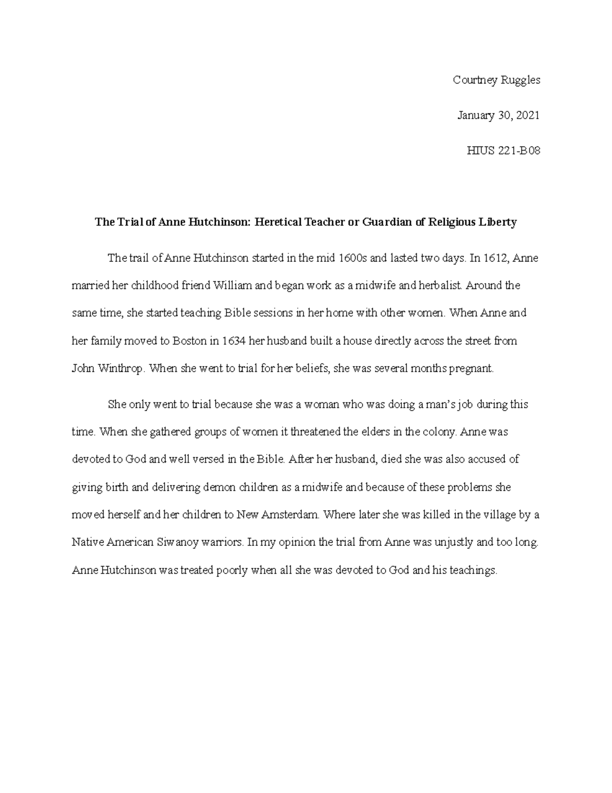 The Trial of Anne Hutchinson - Courtney Ruggles January 30, 2021 HIUS ...